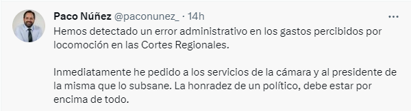 Núñez (PP) achaca a un “error administrativo” haber cobrado gastos de ...